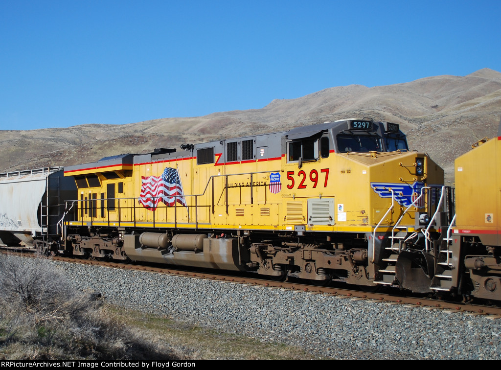 One of two DPU on west bound UP freight up Burnt River Canyon